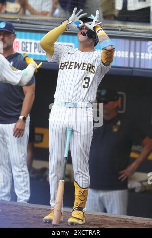 Milwaukee Brewers third baseman Joey Ortiz looks on during the fourth ...