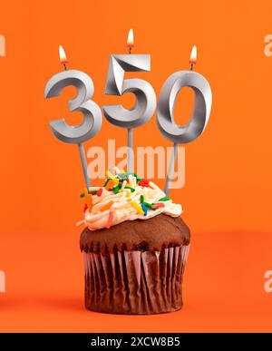 Birthday cupcake with candle number 350 on a red background with blue ...