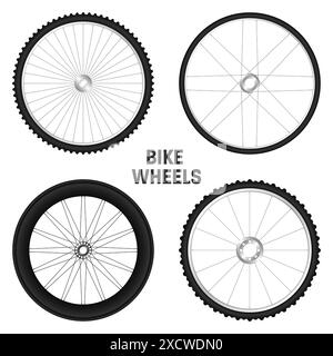 Realistic 3d bicycle wheels. Bike rubber tyres, shiny metal spokes and ...