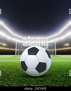 A generic seated soccer football stadium showing goal posts on a green ...