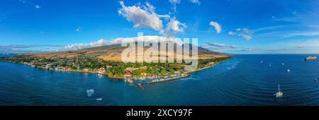An aerial view of Lahaina harbor and town including the Pioneer Inn ...