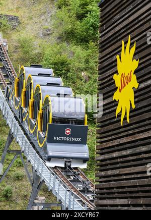 110 Prozent maximale Steigung überwindet die Stoos- Bahn bei der Fahrt ...