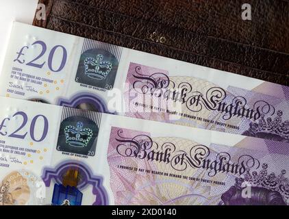 A leather wallet and modern polymer banknotes from the United Kingdom ...