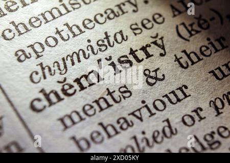 Word chemistry on dictionary page, macro close-up Stock Photo - Alamy