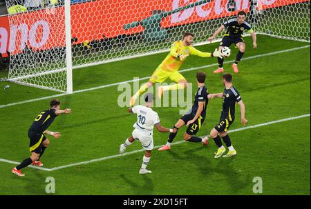 Scotland goalkeeper Angus Gunn saves from Morocco's Achraf Hakimi ...