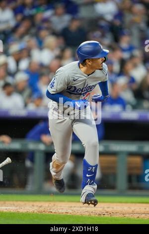 June 18 2024: Dodger left fielder Miguel Vargas (27) hits a double ...