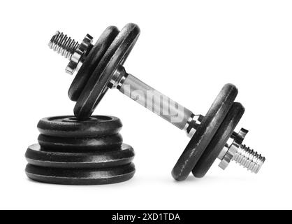 Barbell and stack of weight plates isolated on white Stock Photo - Alamy