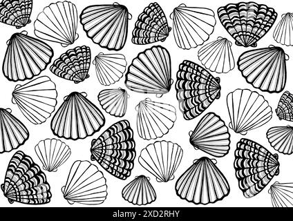 Set with seashells in black outline on white background. Different ...