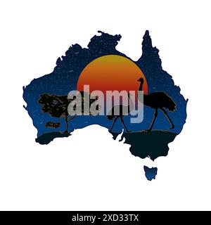Map of Australia with emu. Australian continent with ostrich. Australia ...