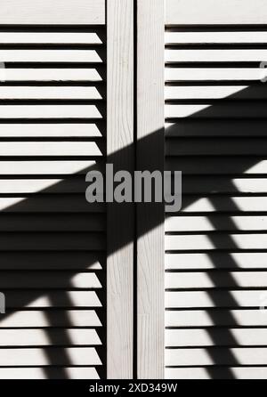 White wooden door with louvres. Light and shadows. Abstract texture ...