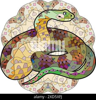 Hand drawn zentangle snake on mandala for coloring, for t-shirt and ...