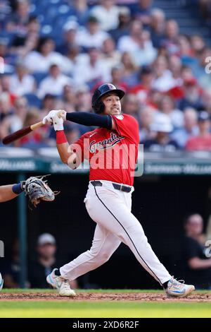 Cleveland Guardians outfielder Steven Kwan looks out from the dugout ...
