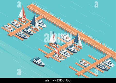 Three-dimensional isometric view showcasing marina pier sailboat and ...
