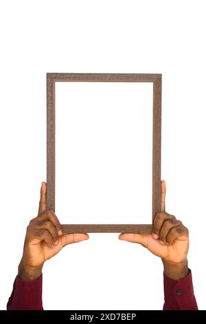 Black african hand holding rectangular wooden frame isolated on white ...