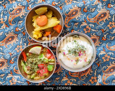 Wonderful top view of traditional Iranian dishes and snacks. Polow ...