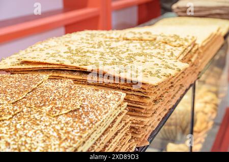 Unusual closeup view of traditional Iranian Sangak Bread topped with ...