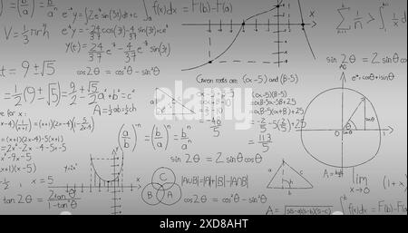 Image of mathematical equations, symbols and diagrams over lens flares ...