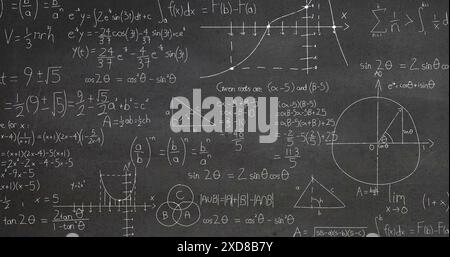 Image of mathematical equations and symbols against white lined paper ...