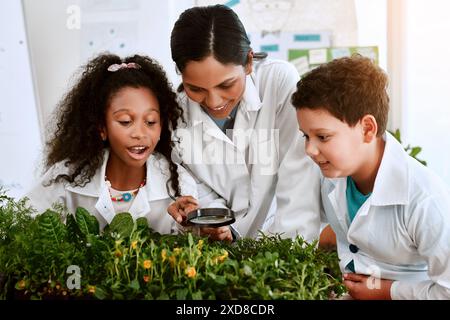 Teacher, students and kids with microscope for learning, stem education ...