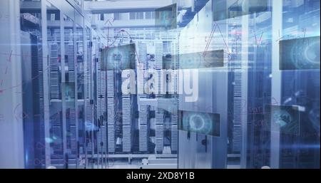 Image of round scanners and mathematical equations against mosaic squares over server room Stock ...
