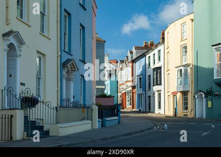 Tenby town centre, view of colourful shops in Upper Frog Street in the ...