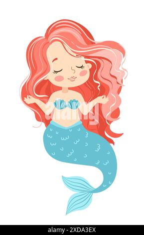Hand drown vector illustration of Beautiful Girl Mermaid with pink hair. Underwater marine life ...