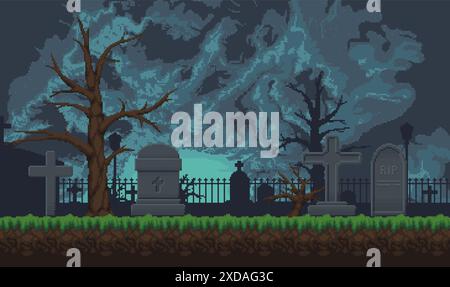 Pixel art cemetery landscape. Graveyard seamless background with ...