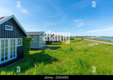 Beach houses off Kerteminde, wooden houses, meadow, coastal path, Great ...