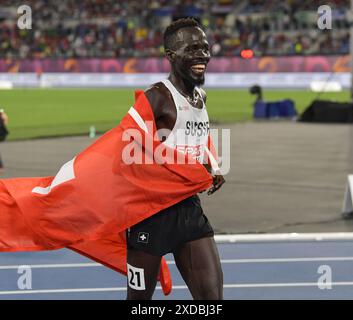 Dominic Lobalu of Switzerland celebrates his win in the men’s 10.000m ...