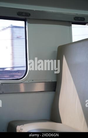 Economy class local Indonesian train seats with open windows in the ...