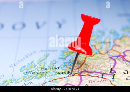 Narvik pinned on a map of Norway Stock Photo - Alamy