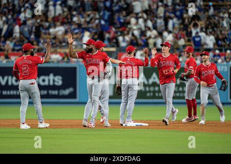 The Los Angeles Angels celebrate after winning a baseball game against ...