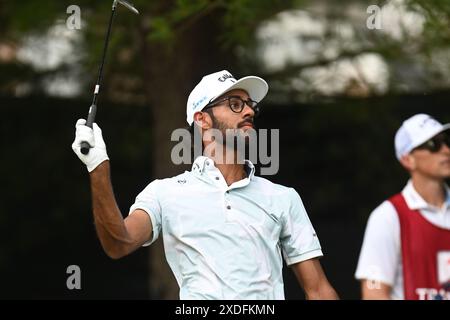 Akshay Bhatia watches his tee shot on the fifth hole during the third round of the St. Jude ...