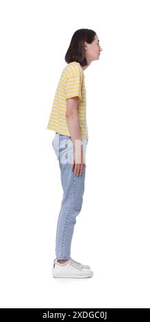 Woman with poor posture on white background Stock Photo - Alamy