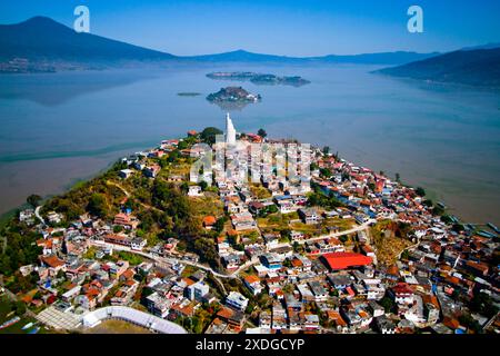Aerial of the Janitzio island on lake Lake Patzcuaro, Michoacan, Mexico ...