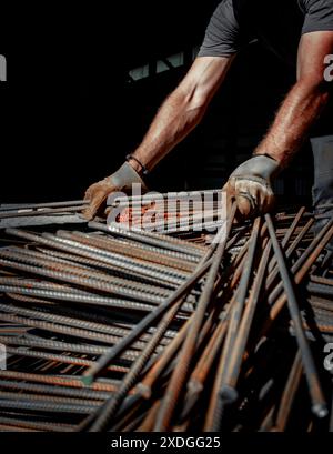 Unidentifiable man in dark shirt, dirty jeans and work gloves adds to a ...