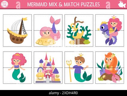 Vector mermaid mix and match puzzle with cute sea animals. Matching ...