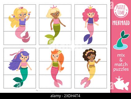 Vector mermaid mix and match puzzle with cute sea princess. Matching ...