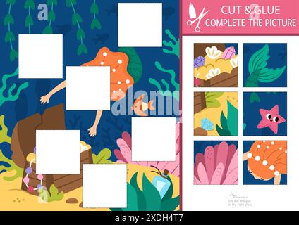 Vector under the sea cut and glue activity. Crafting game with cute ...