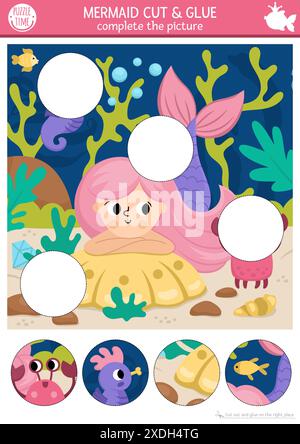 Vector mermaid cut and glue activity. Crafting game with cute lagoon ...