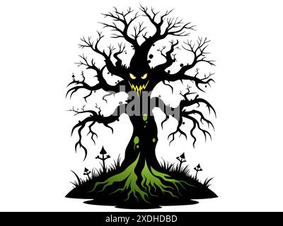 Black silhouette of a spooky tree with an ominous face and creepy roots ...