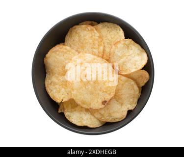 Black crispy potato chips set, on old dark wooden table, top view flat ...