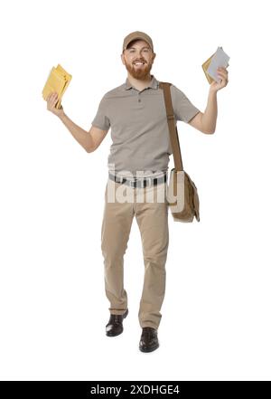 Happy young postman with brown bag delivering letters on white ...