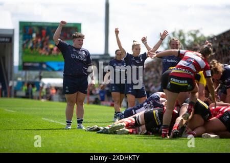 Bristol Bears' Lark Atkin-Davies (left) attempts to get past Gloucester ...
