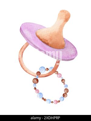 Watercolor pink pacifier for newborn. Children's toys isolated on white ...