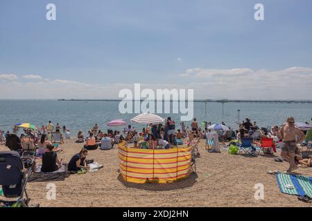 Southend on Sea, UK. 23rd Jun, 2024. Bright sunshine and temperatures ...