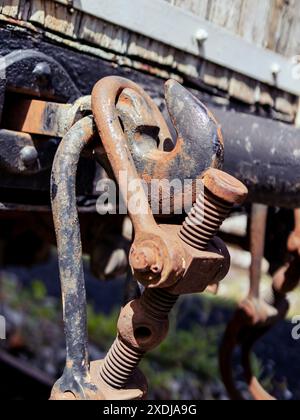 Car coupling between two old carriages of a French freight train, no ...