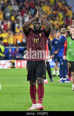 Romelu Lukaku (10) of Belgium celebrates with Jeremy Doku (22) of ...