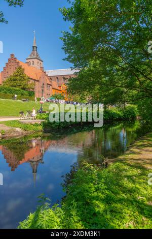 Odense, green area, monastery, brick building, stepped gable, tower of ...