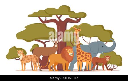 African animals, cute composition of characters. Elephant, giraffe ...